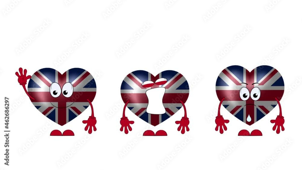 Three cartoon flags of UK in the shape of a heart. Different emotions ...