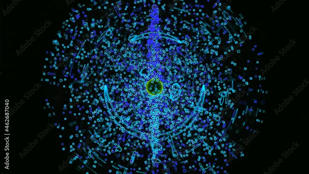 Colored circle with sphere of many moving particles. Design. Animation ...