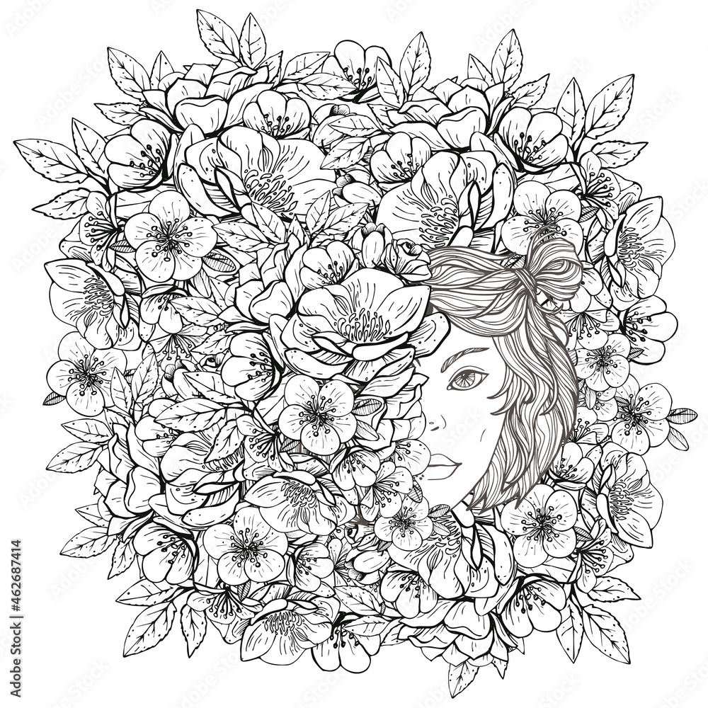 Colouring pictures with girl and flower. Art therapy coloring page for ...