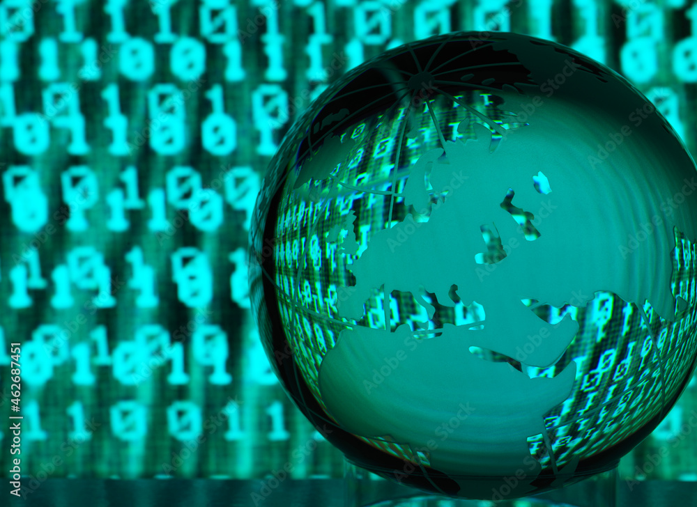 Global Cyber Crime, Glass globe illustrating the US with reflections of ...