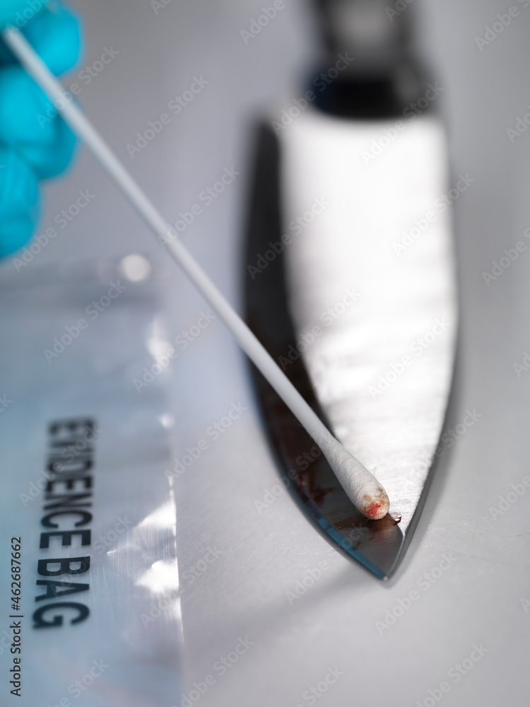 Forensic scientist taking DNA evidence from a blood smeared knife Stock ...