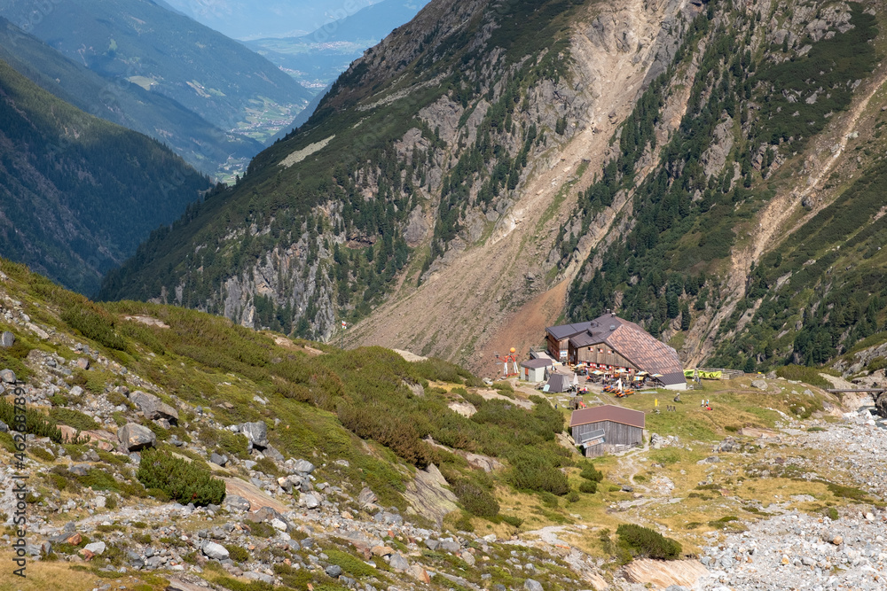 Panoramic view of Sulzenau mountain hut, Sulzenauhutte, with resting ...