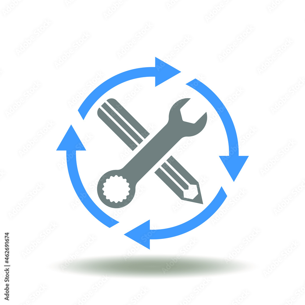 Vector illustration of round arrows with wrench and pencil. Symbol of ...