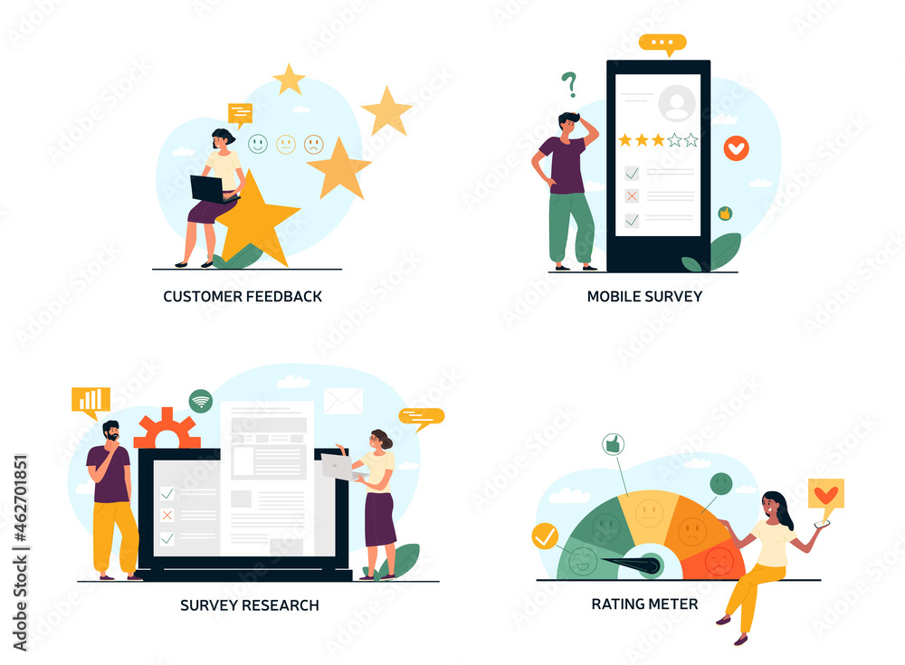 Collection of Online Survey. Characters give feedback, answer questions ...