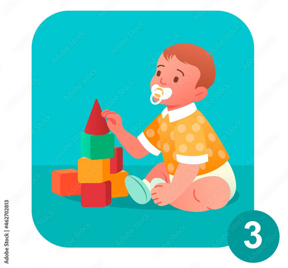 Baby growth process. Little boy sitting on carpet, playing with cubes ...