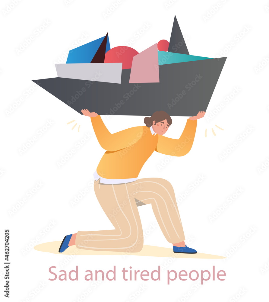 Tired employee concept. Woman holds load of problems, tasks and plans ...