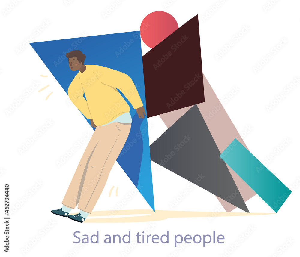 Tired man concept. Male character keeps his problems and tasks. Person ...