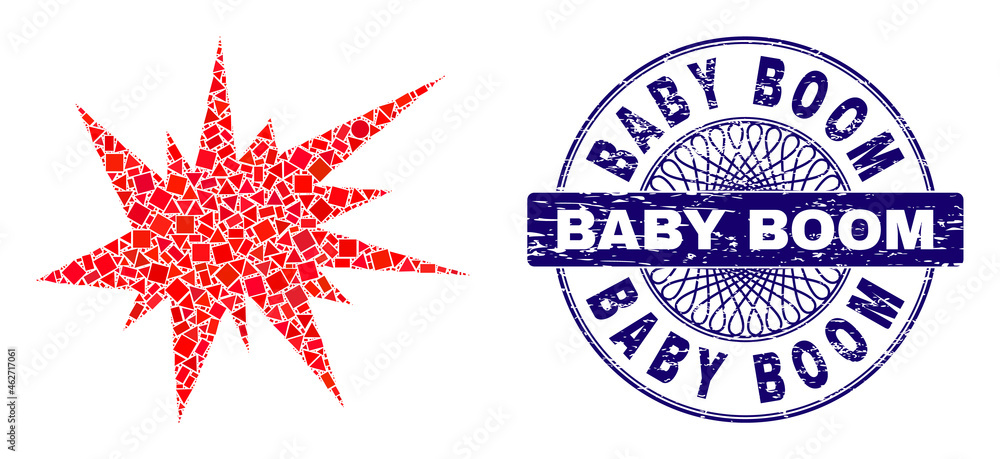 Geometric mosaic boom, and Baby Boom grunge stamp seal. Blue stamp seal ...
