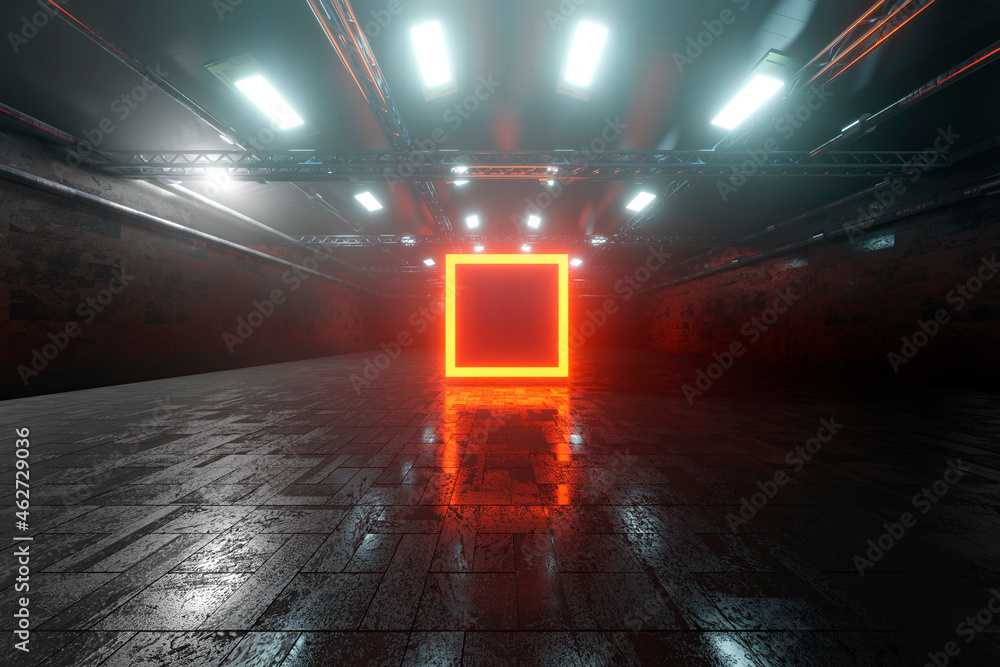 Three dimensional render of red glowing square inside large warehouse ...