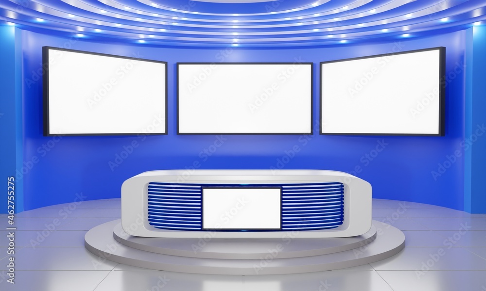 blue table and lcd background in a news studio room.3d rendering. Stock ...