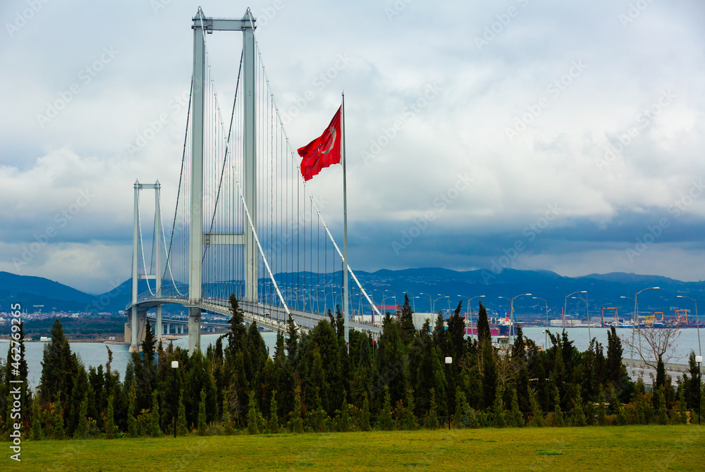 The famous Osman Gazi Bridge in Turkey, which runs over the Izmit Bay ...