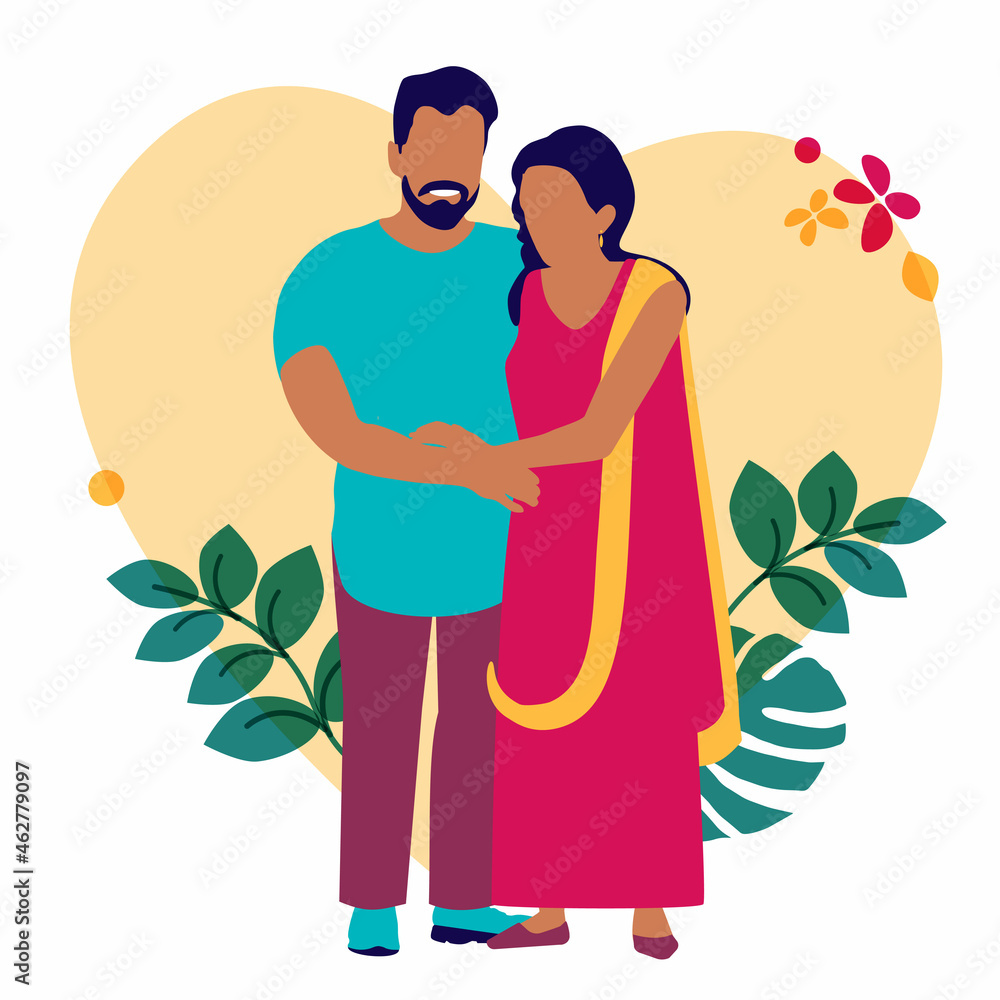 Vector illustration of an Indian couple in national costumes. A couple ...