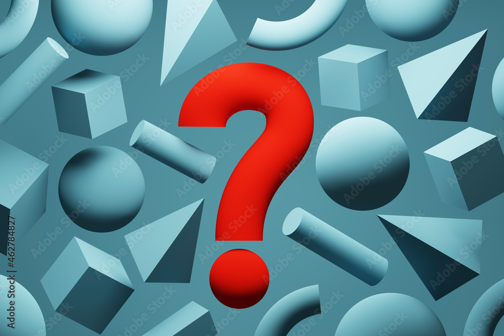 Three dimensional render of question mark surrounded by geometric ...