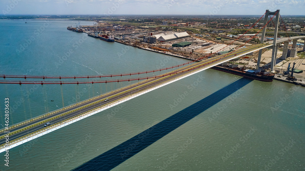 Mozambique, Katembe, Aerial view of Maputo-Katembe Bridge stretching ...