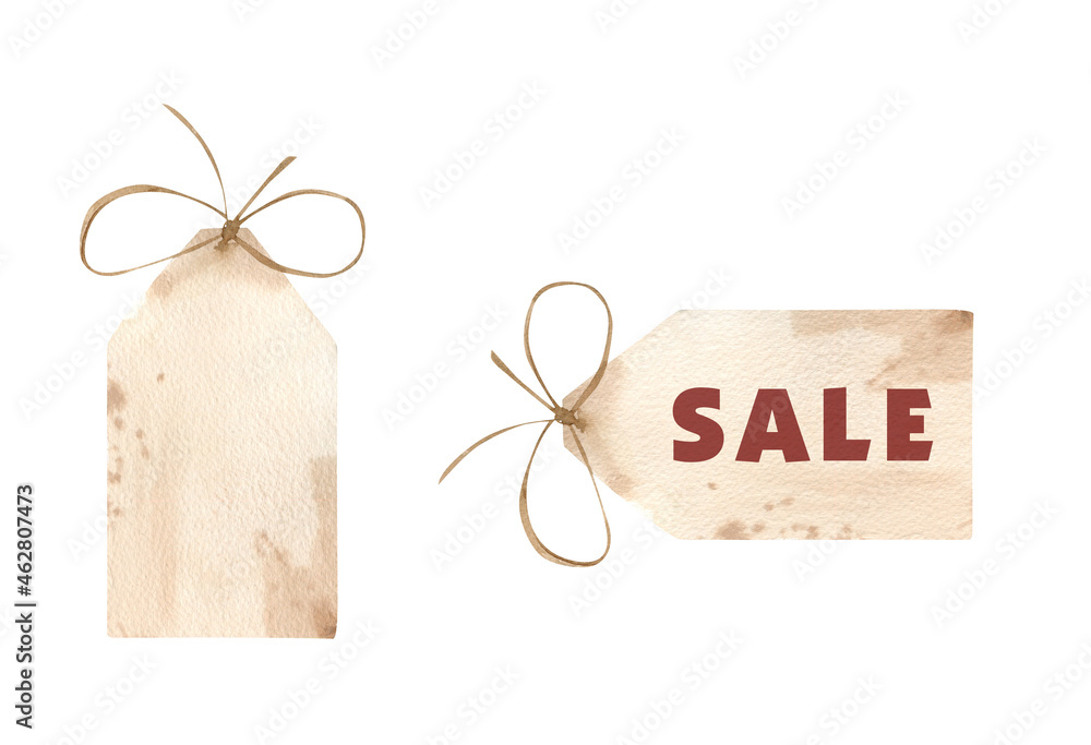 Watercolor tag with stripe and bow and sale lettering. Illustration ...