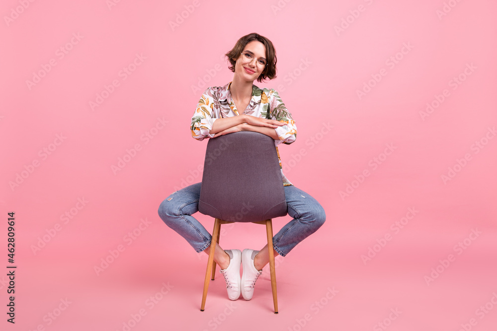 Full length body size photo woman sitting on chair wearing stylish ...
