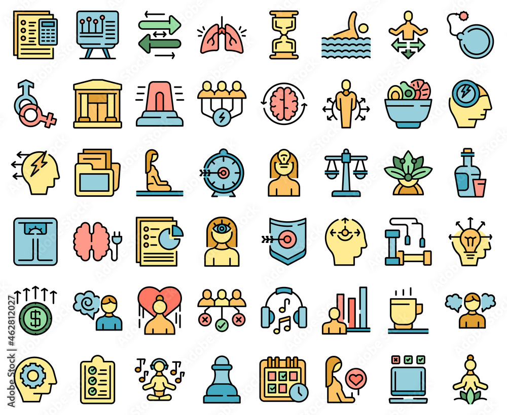 Coping skills icons set outline vector. Stress love. Meditation anxiety ...