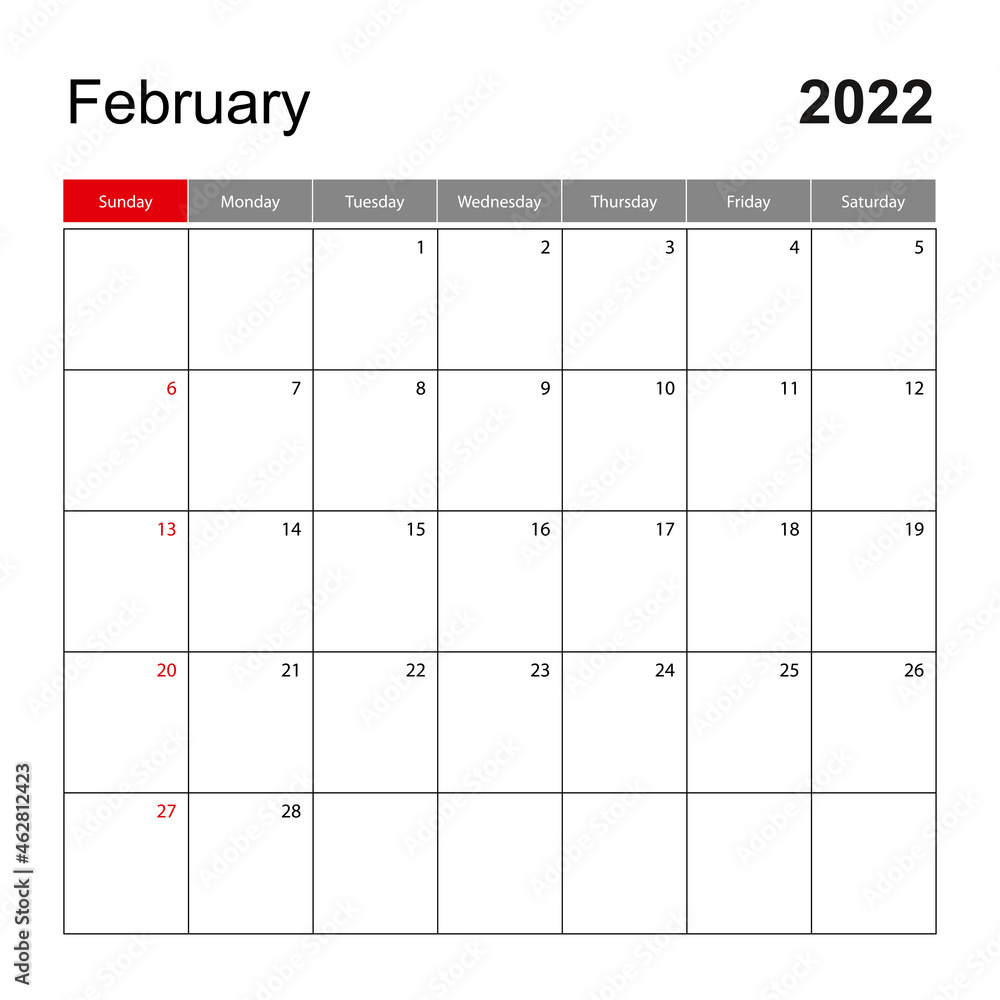 Wall calendar template for February 2022. Holiday and event planner ...