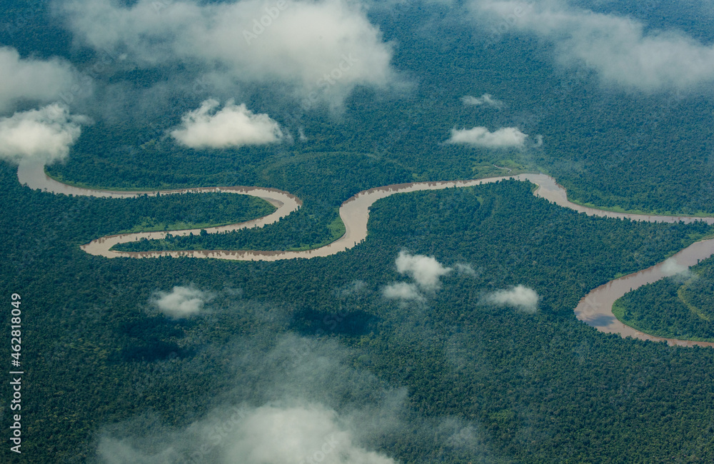 Bird's eye view of New Guinea jungle. Beautiful shape of the river that ...