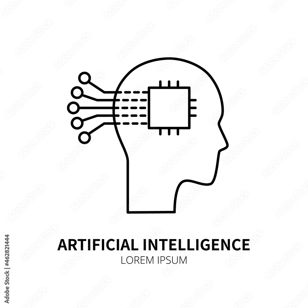 Artificial intelligence and machine learning line icon. Head and cpu ...
