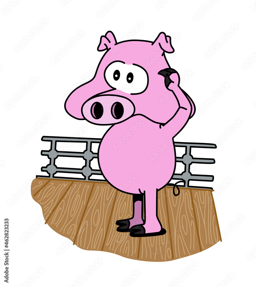 Cute pig character on a ship standing and doing the military salute ...