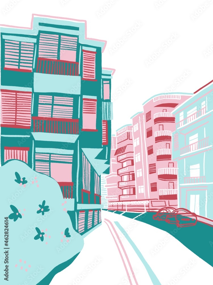 Building at street simple illustration. Poster cute illustrations of ...