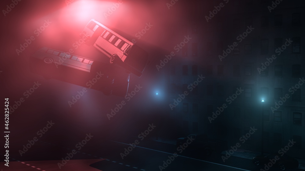 Buses floating in fog , mist. Alien abductions in city. Levitating ...