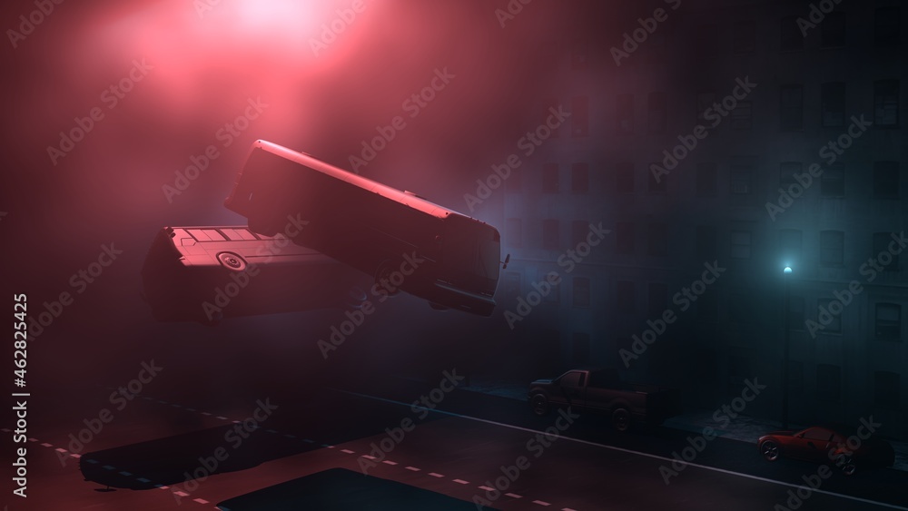 Buses floating in fog , mist. Alien abductions in city. Levitating ...