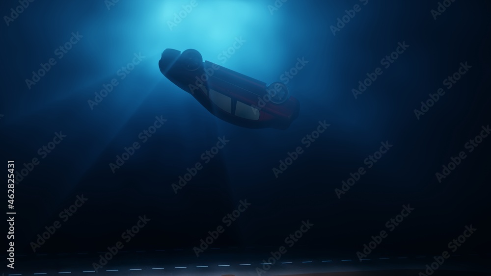 Car floating in fog, water, mist. Astral plane. Silhouette. 3d render ...