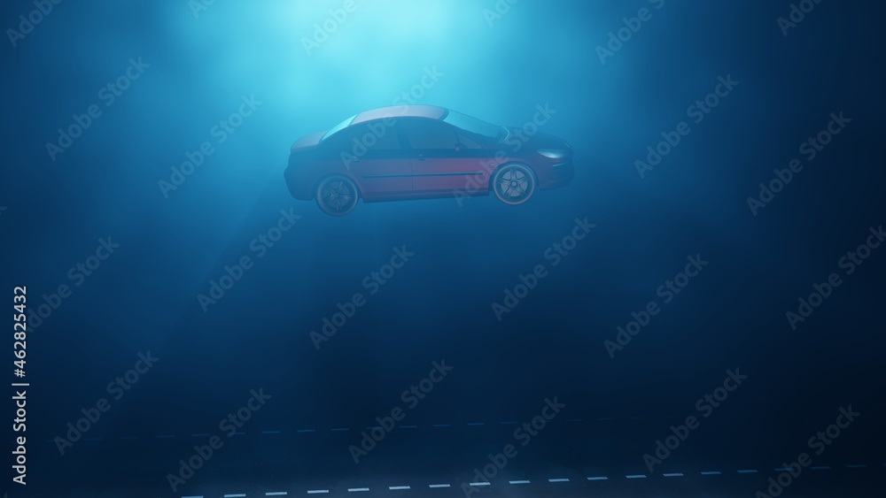 Car floating in fog, water, mist. Astral plane. Silhouette. 3d render ...