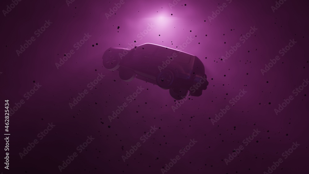 Car floating in fog, water, mist. Astral plane. Silhouette. 3d render ...