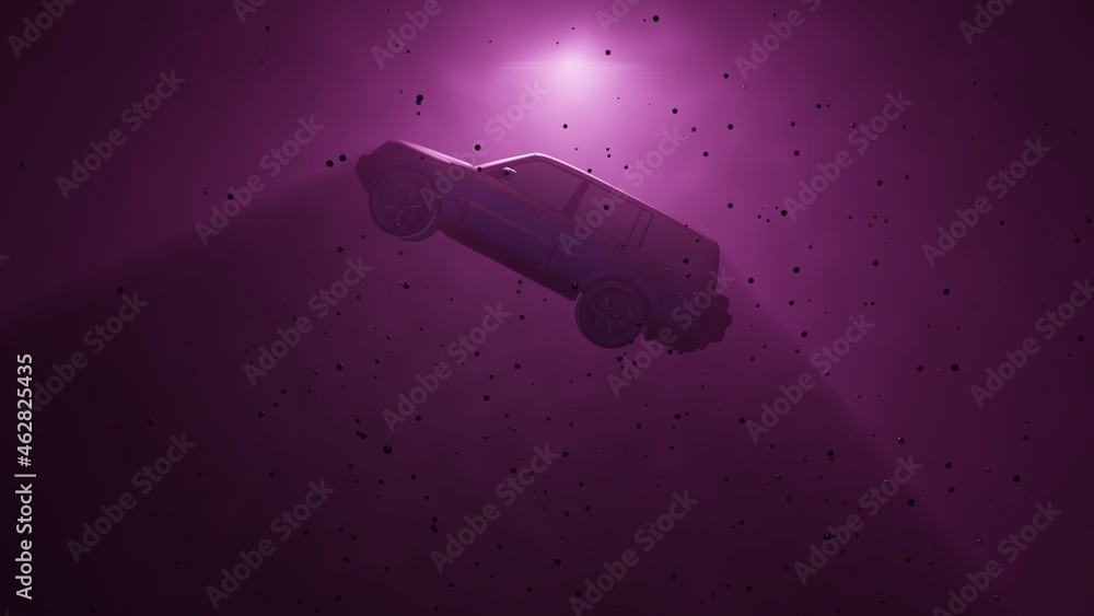 Car floating in fog, water, mist. Astral plane. Silhouette. 3d render ...