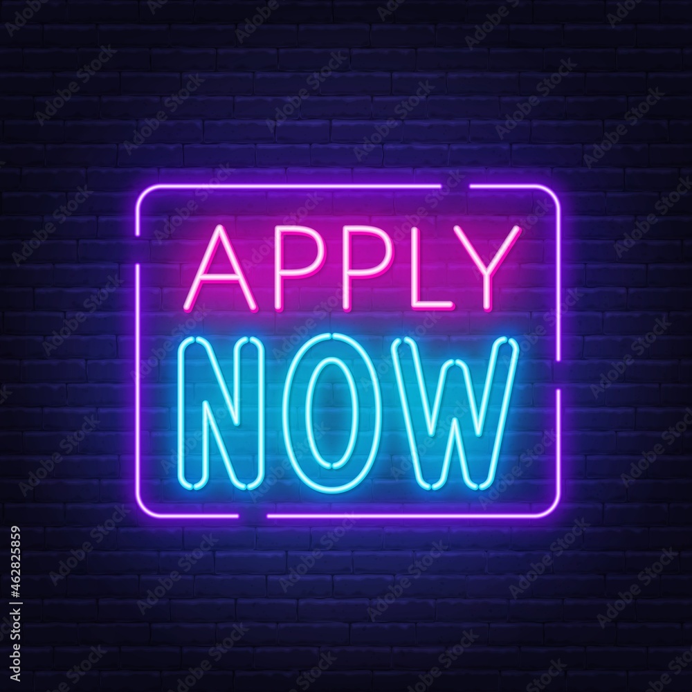 Apply Now neon sign on a brick wall background. Stock Vector | Adobe Stock