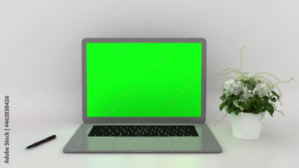 Computer mockup with green screen, front view, isolated on white ...