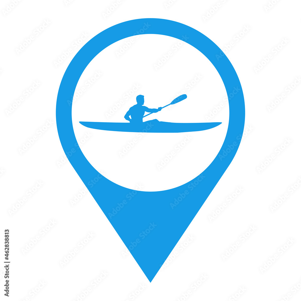 Deporte acuático. Icono silueta hombre remando en kayak en marcador de ...
