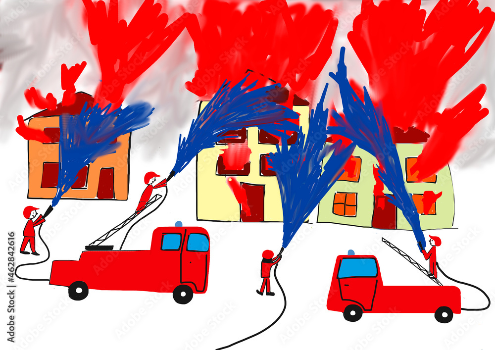 Child's drawing of a fire brigade operation Stock Photo | Adobe Stock