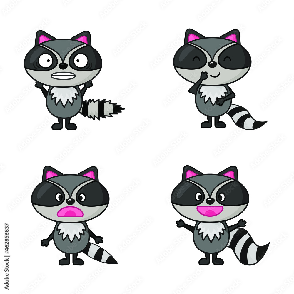 Cute raccoons cartoon characters set flat style. Different emotions ...