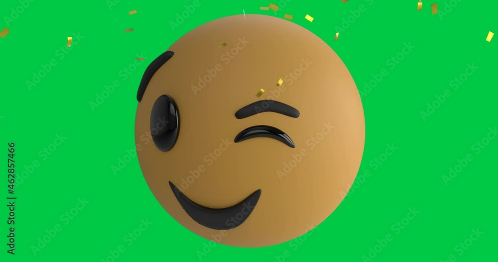 Animation of confetti falling over smiling emoji emoticon icon on green ...