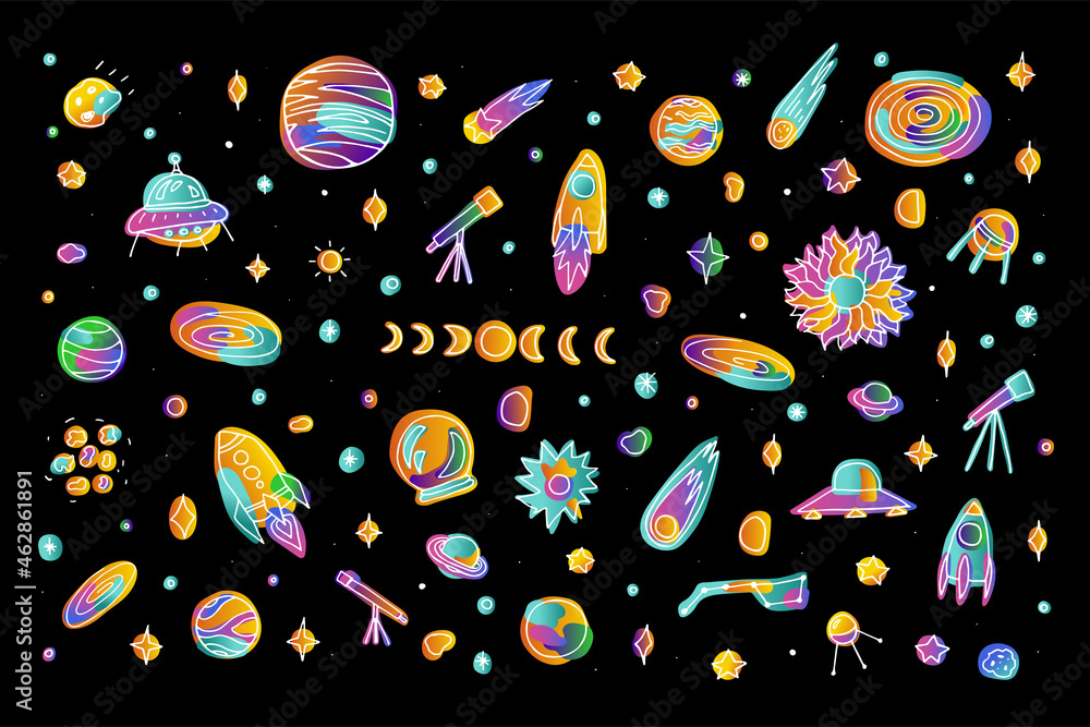Bright space doodle sticker set. Planets, rockets, stars, comets ...