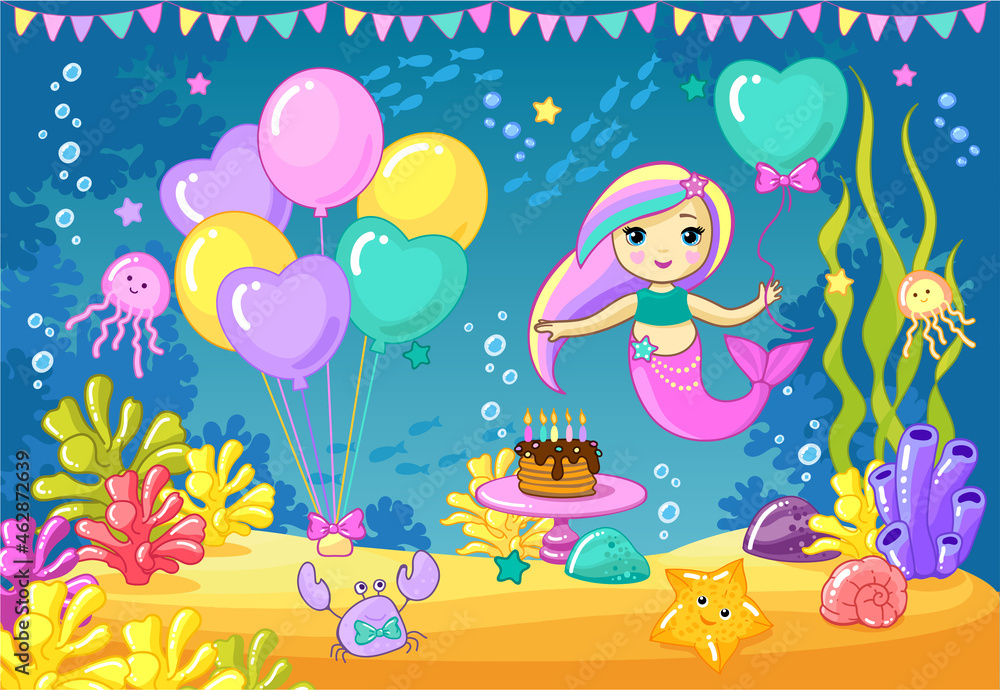 Cute little mermaid. Birthday of the little mermaid, holiday ...