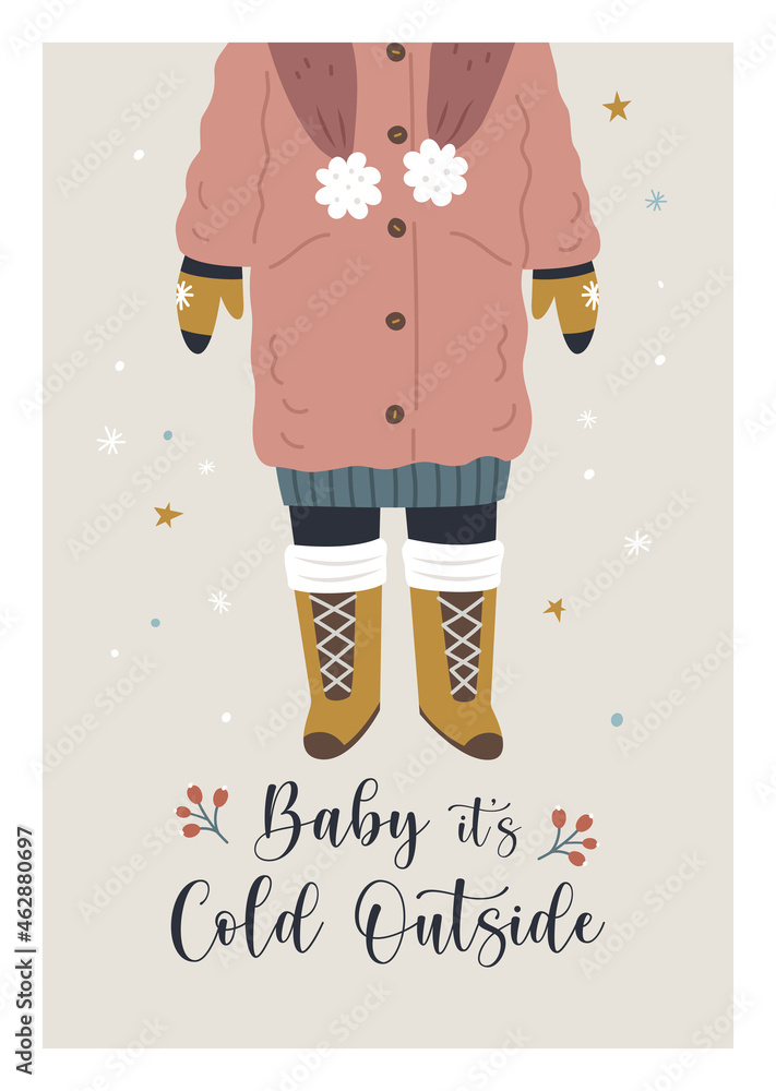 Baby, It's Cold Outside greeting card. Vector cartoon illustration in a ...