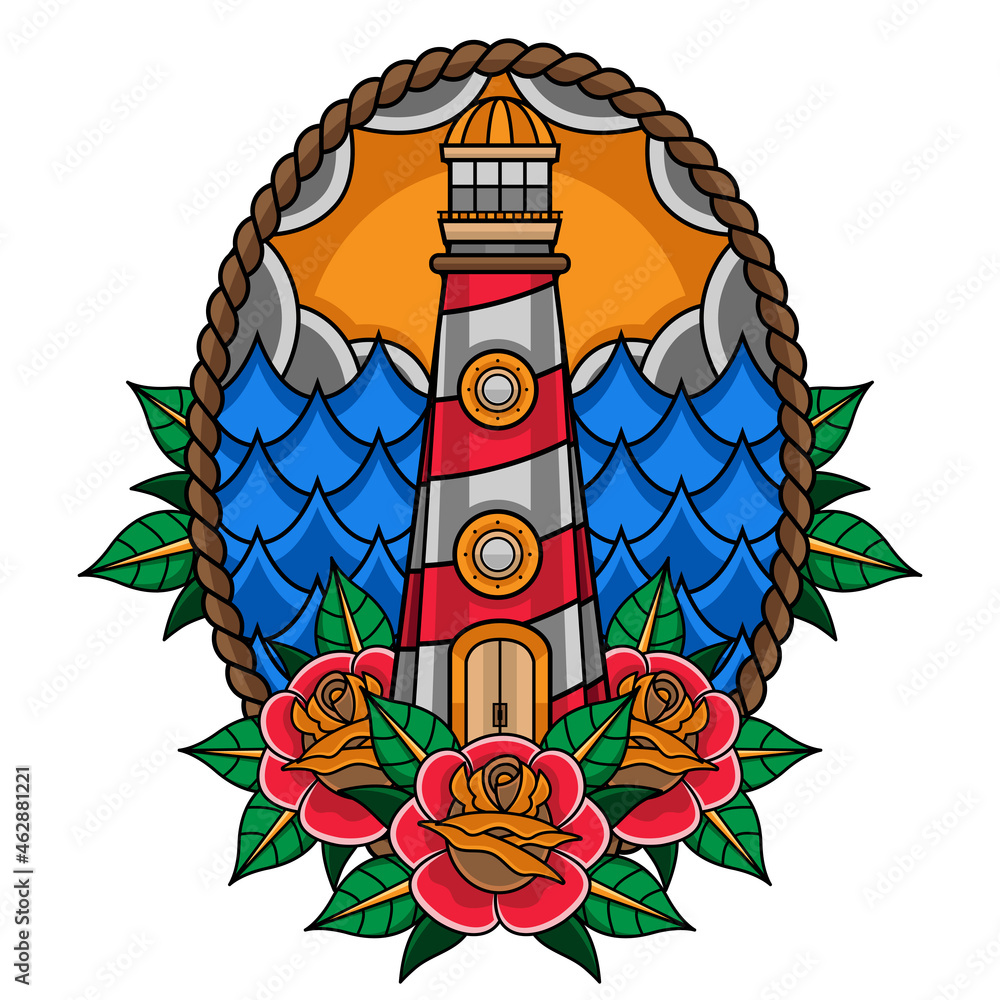 beautiful traditional lighthouse tattoo Stock Vector | Adobe Stock