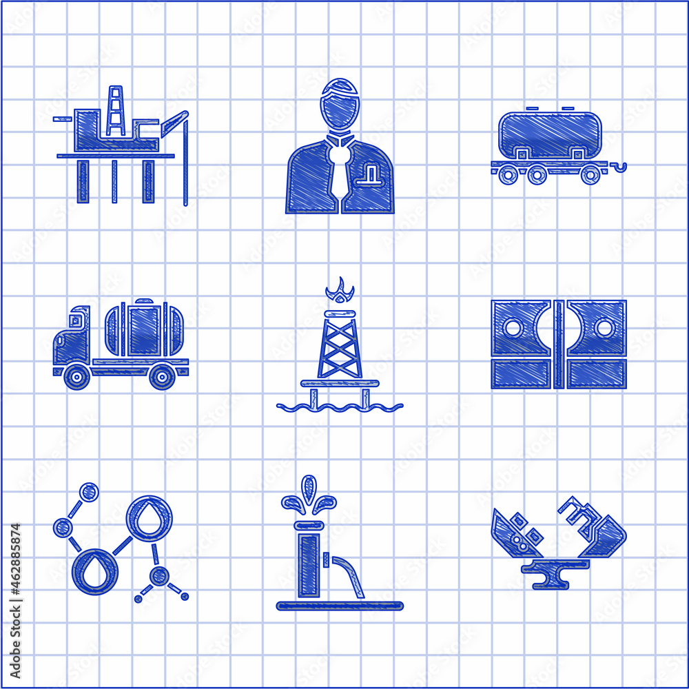 Set Oil rig with fire, pump or pump jack, Wrecked oil tanker ship ...