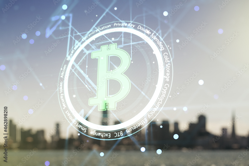 Virtual Bitcoin hologram on blurry skyline background. Multiexposure ...