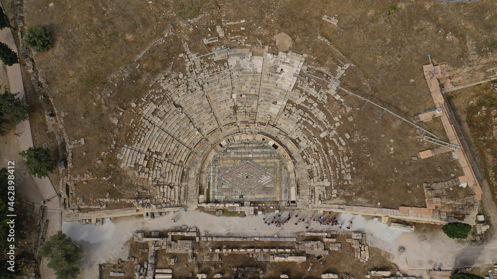 Aerial drone top down photo of iconic theatre of Dionysus in the slopes ...