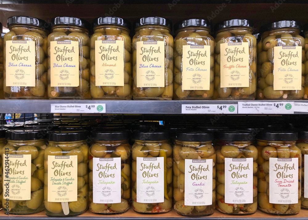 Oakland, CA - Oct 12, 2021: Grocery store shelves with jars of Stuffed ...