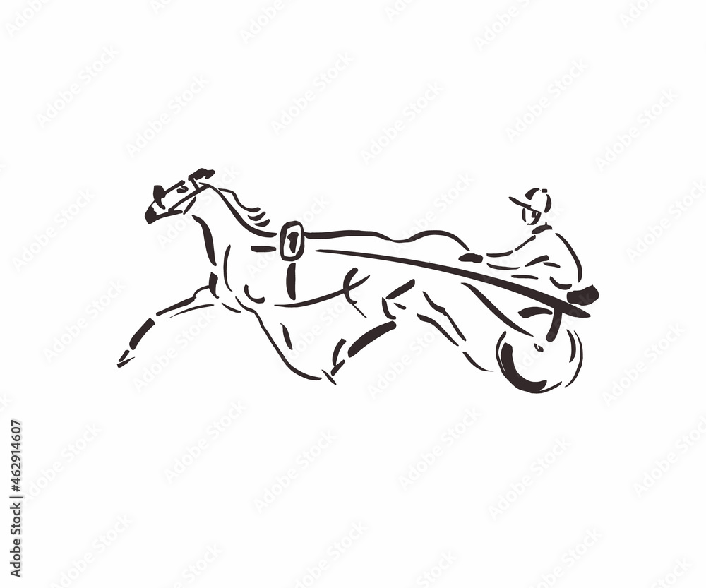 Harness racing icon design, trotter horse outline drawing, cart with ...