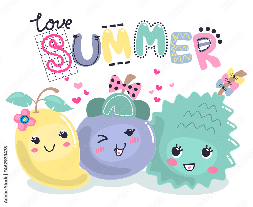 Cute summer fruits mango, mangoteen and durian having fun together ...