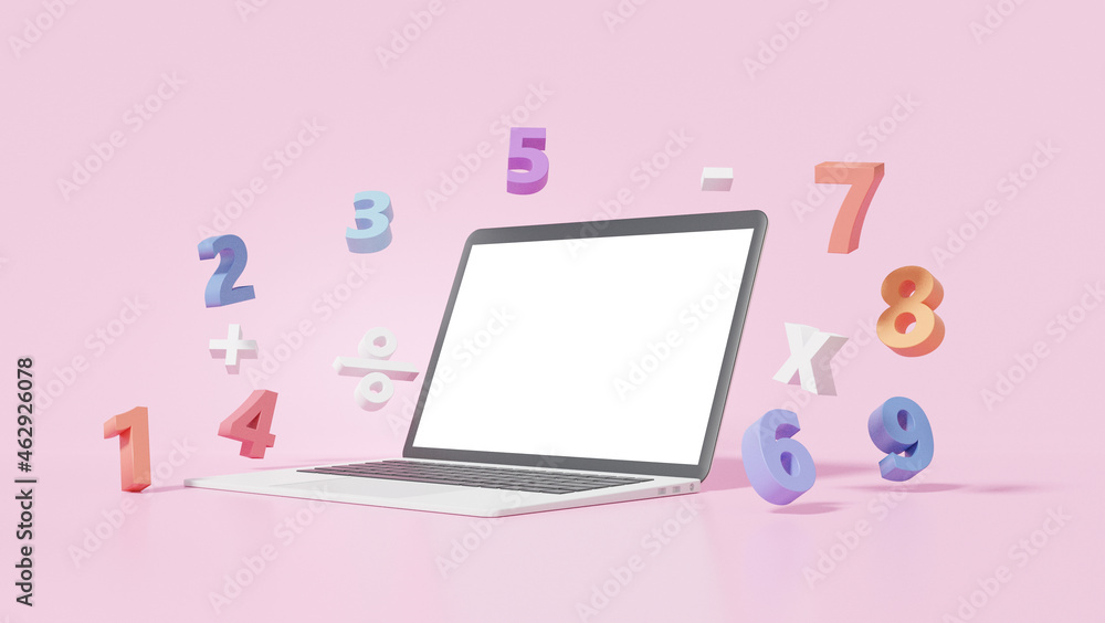 3D Laptop mockup empty white screen on pink background with basic math ...