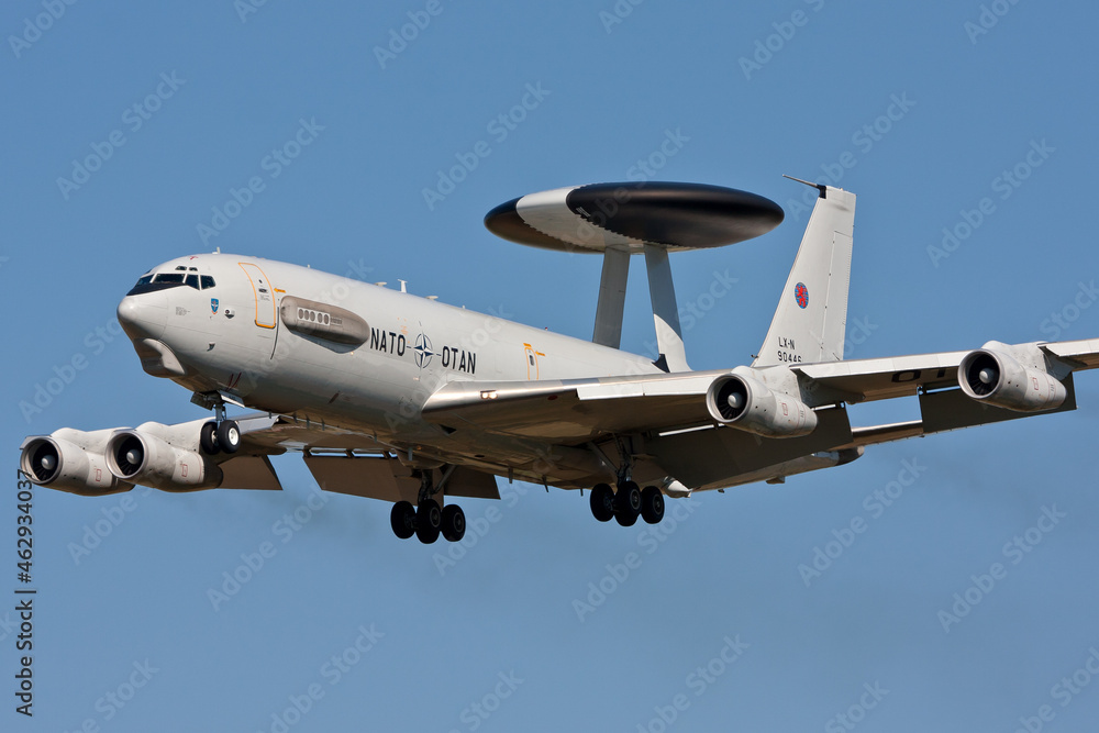 NATO AWACS surveillance aircraft Boeing E-3 Sentry on final for landing ...